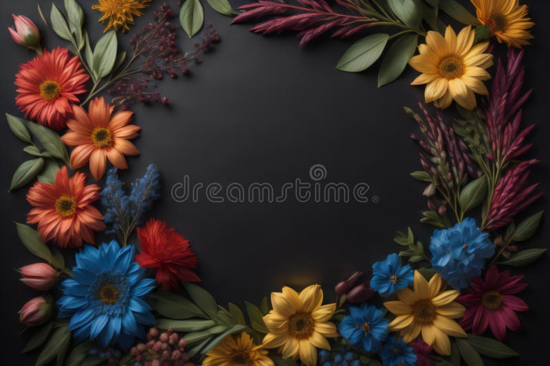 Flowers Composition. Frame Made of Flowers on Black Background. Flat ...