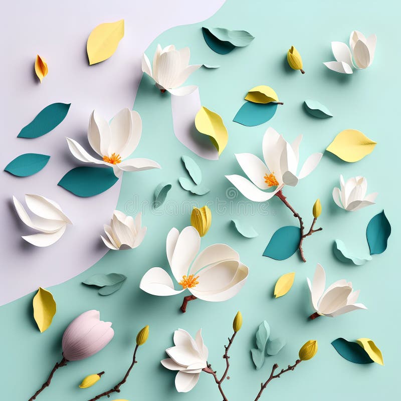 Flowers Composition. Magnolia Flowers, Leaves on Pastel Background Stock Illustration ...