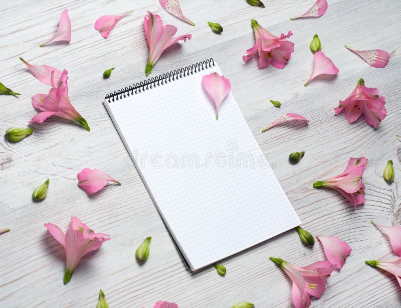 Flowers Composition. Notebook with Pink Flowers and Leaves Stock Photo ...