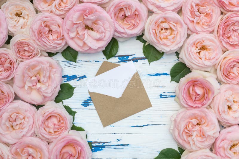 Flowers Composition. Open Envelope in the Frame Made of Pink Roses on ...