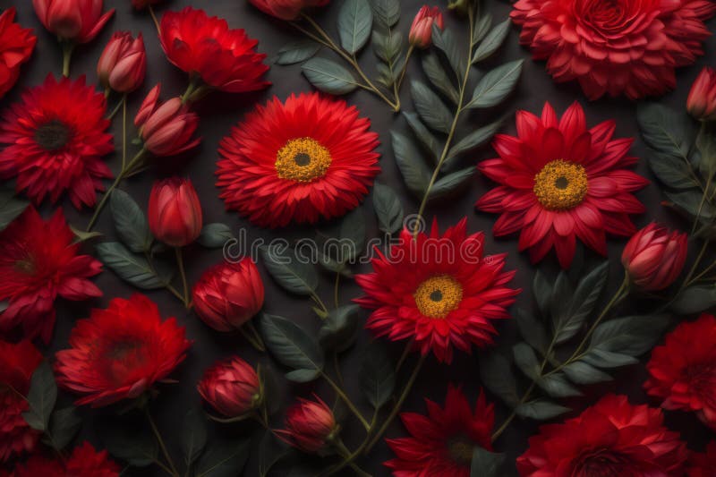 Flowers Composition. Red Flowers on Black Background. Flat Lay, Top View, Copy Space Stock ...