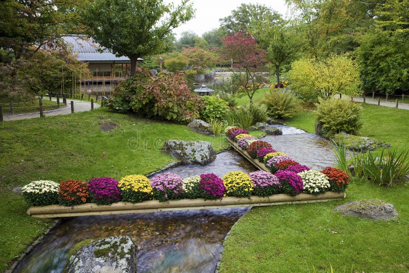Flowers on Creek in Japanese Garden Stock Image - Image of natural ...
