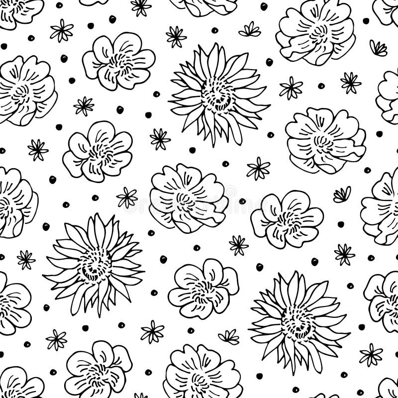 Flowers Doodle Hand Drawn Pattern, Vector Floral Background Stock ...