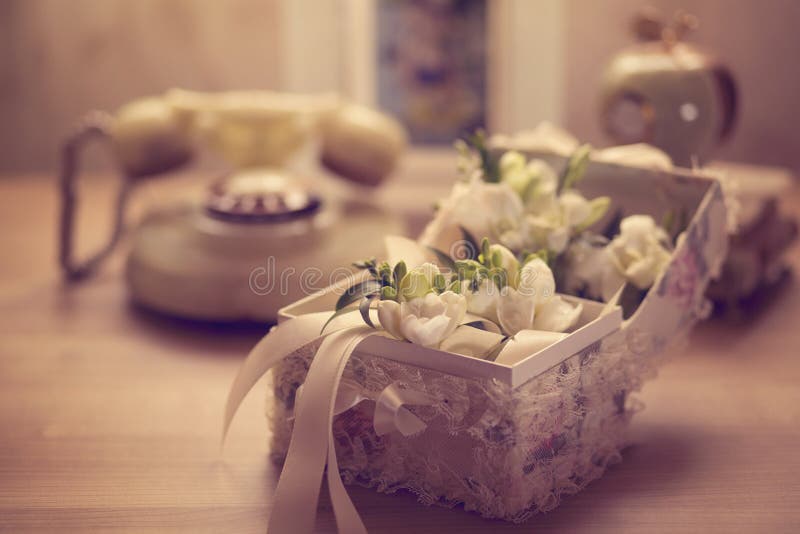 Flowers in Elegant Box on Table Stock Image - Image of decoration ...