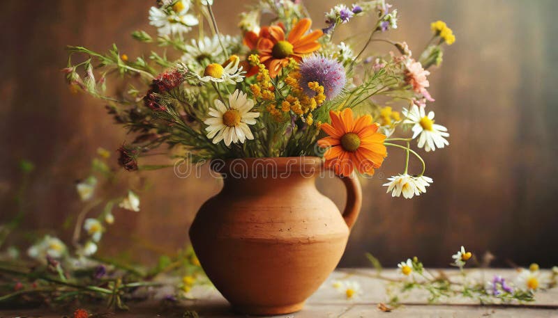 Flowers from the Field in a Clay Vase. Spring Motif Stock Illustration ...