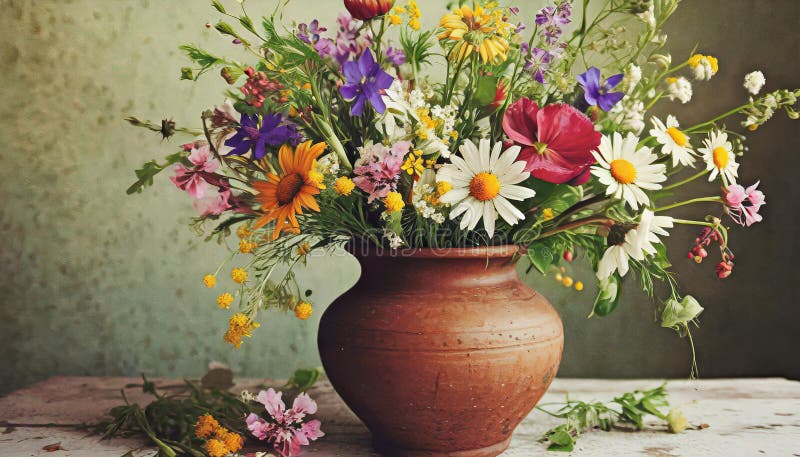 Flowers from the Field in a Clay Vase. Spring Motif Stock Illustration ...