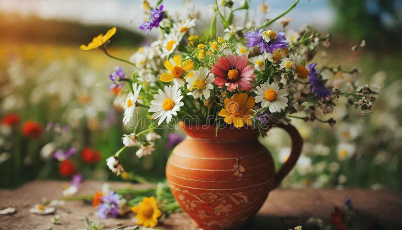 Flowers from the Field in a Clay Vase. Spring Motif Stock Illustration ...