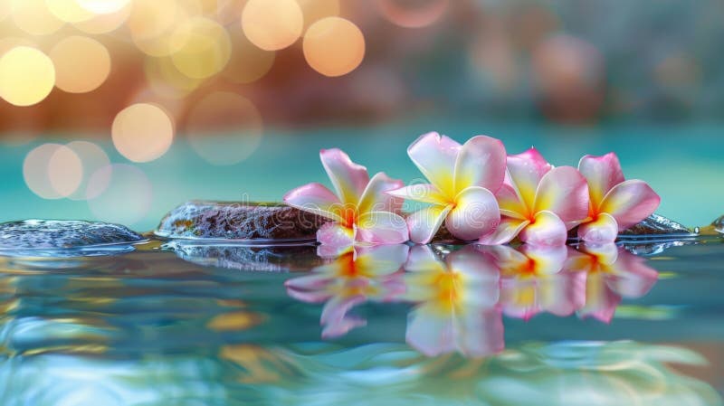 Flowers Floating on a Rock in a Water Pool Stock Image - Image of pond ...