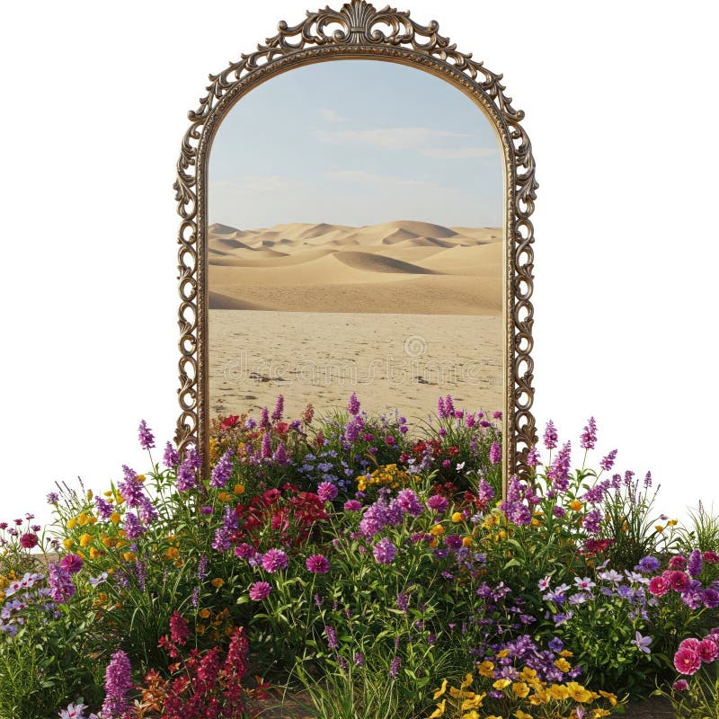 Flowers in Front of a Mirror with the Reflection of the Desert. Stock ...