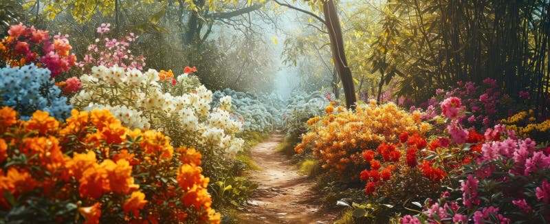 Flowers in a Garden with a Path Leading To Flowers Stock Image - Image ...