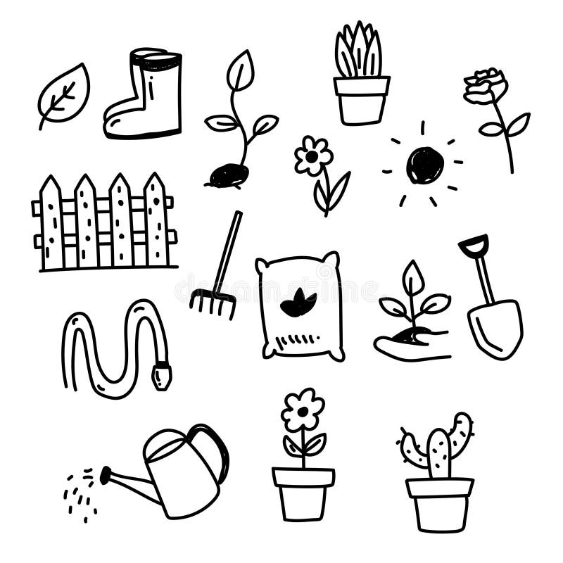 Flowers and Gardening Doodles Collection Isolated on White Stock Vector ...