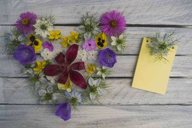 Flowers of Heart Shape with Note on Wooden Surface 3 Stock Image ...
