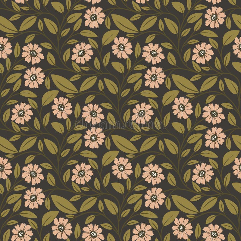 Elegant Seamless Dark Floral Pattern Featuring Green Leaves Stock ...