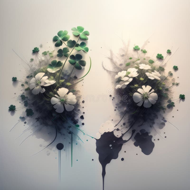 Flowers with Ink Splashes on Gray Background. Hand Drawing Concept ...