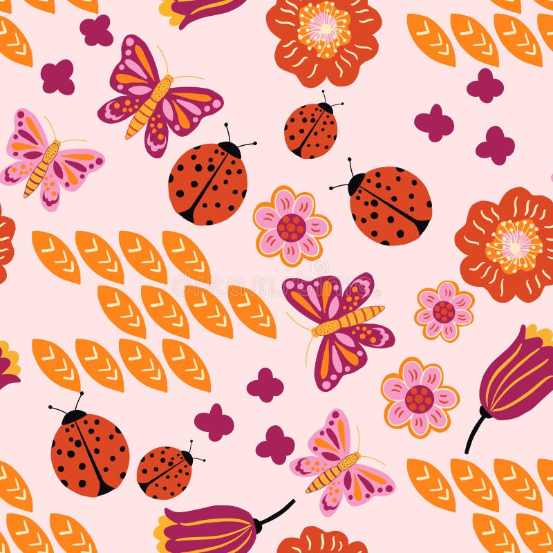 Flowers, Ladybug and Butterfly Seamless Design Stock Illustration ...