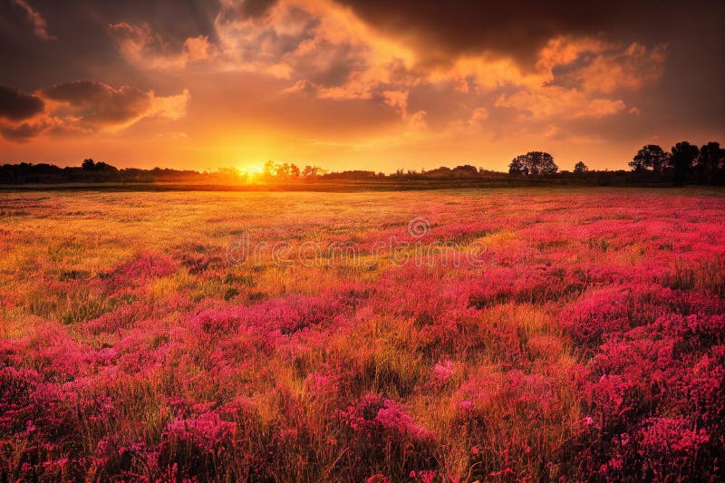Flowers in Meadow in Forest Against Backdrop of Beautiful Sunset ...