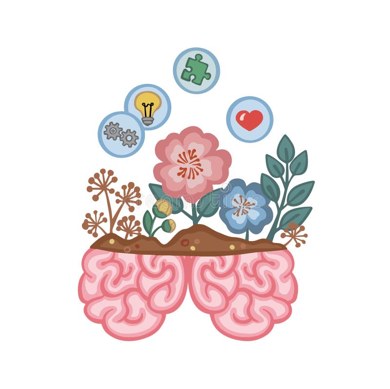 Flowers of the Mind on the Brain Cartoon Symbol Vector Illustration ...