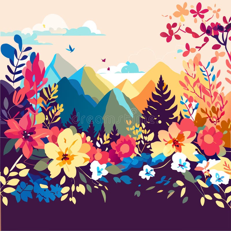 Flowers and Mountains Landscape Background. Vector in Flat Style. AI ...