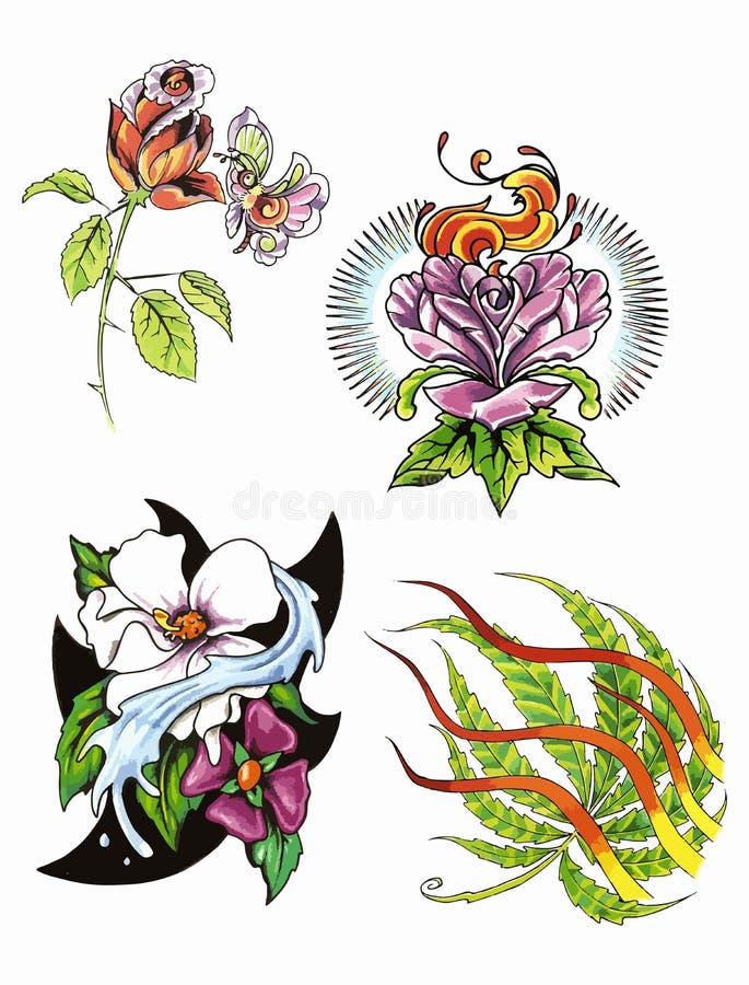 Flowers Newskool Tattoo Set. Set of Labels and Elements. Vector Set ...