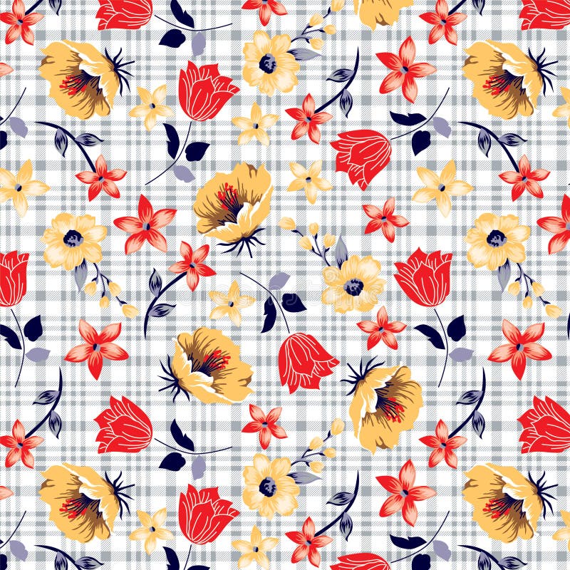 Flowers and Floral Decorative Pattern on Checkered Background Stock ...