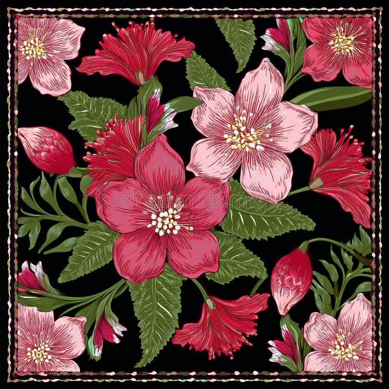 Flowers Pattern.Silk Scarf Design, Fashion Textile Stock Illustration ...