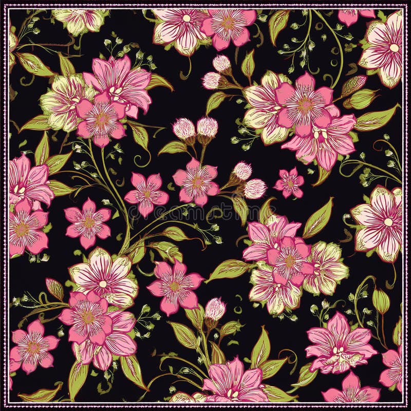 Flowers Pattern.Silk Scarf Design, Fashion Textile Stock Illustration ...