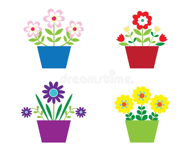 Set of Cartoon Flowers in Pots Stock Vector - Illustration of green ...