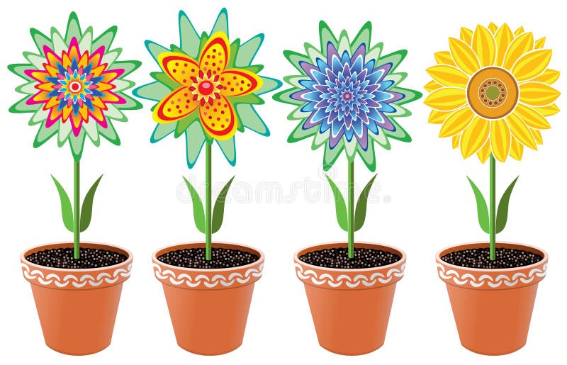 Set of Cartoon Flowers in Pots Stock Vector - Illustration of green ...