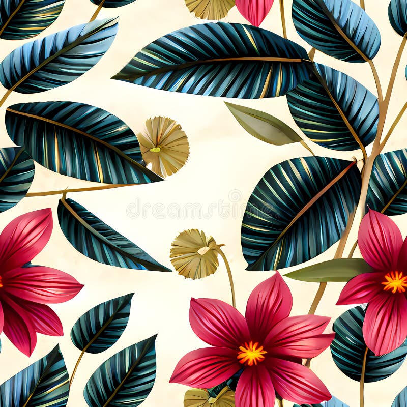 A Continuous Belt of Tropical Florals. Wallpaper Pattern Painted in ...