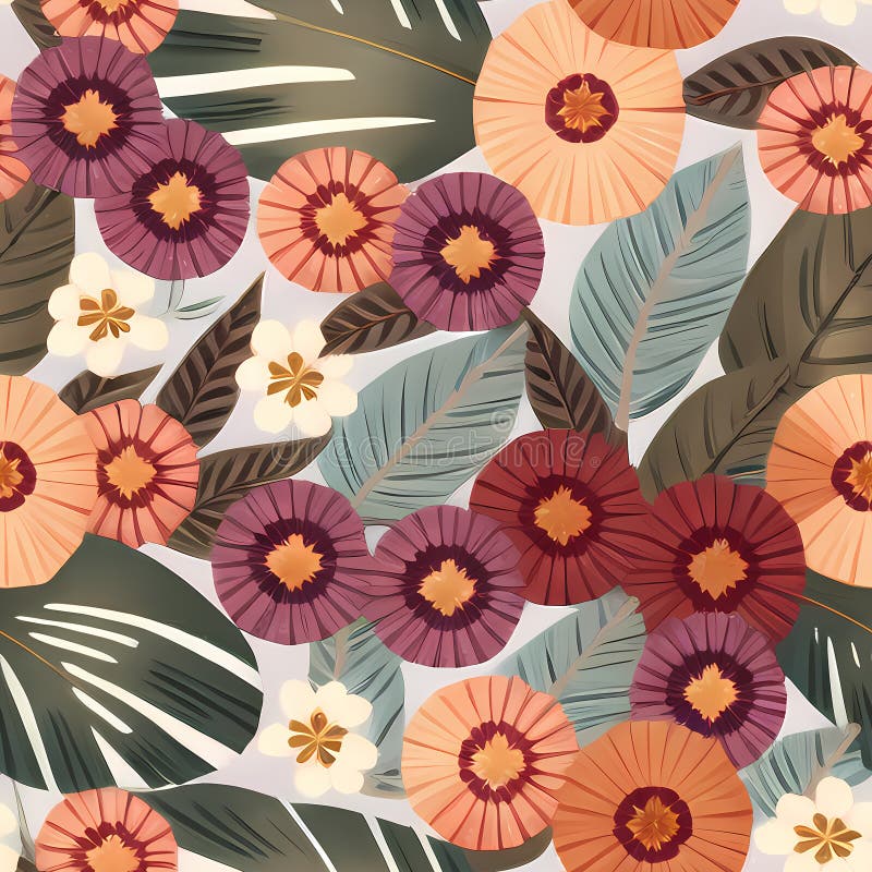 A Continuous Belt of Tropical Florals. Wallpaper Pattern Painted in ...