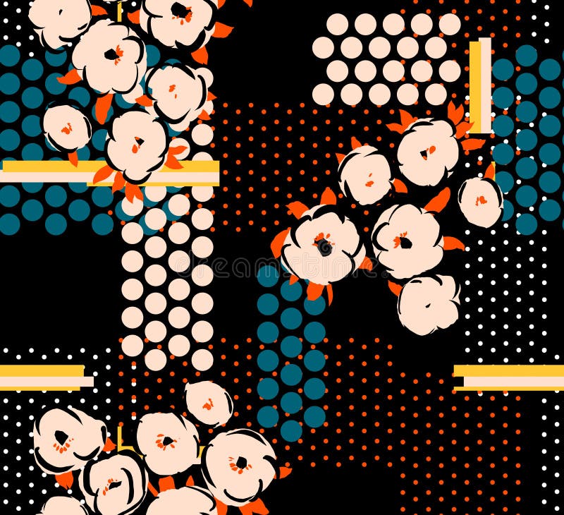 Flowers Seamless Pattern with Dots and Lines on Dark Background in Hand ...
