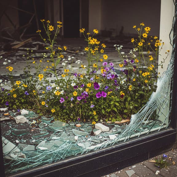 Flowers Sprout through Broken Glass. Stock Photo - Image of ruins ...