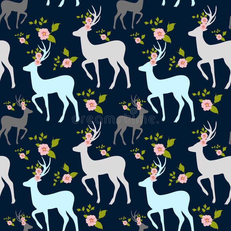 Flowers and Stag, Deer Seamless Pattern. Stock Vector - Illustration of ...