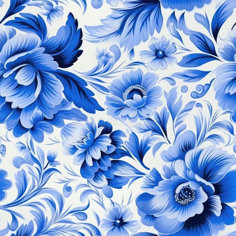 Flowers in the Style of Gzhel Stock Image - Image of fabric, floral ...