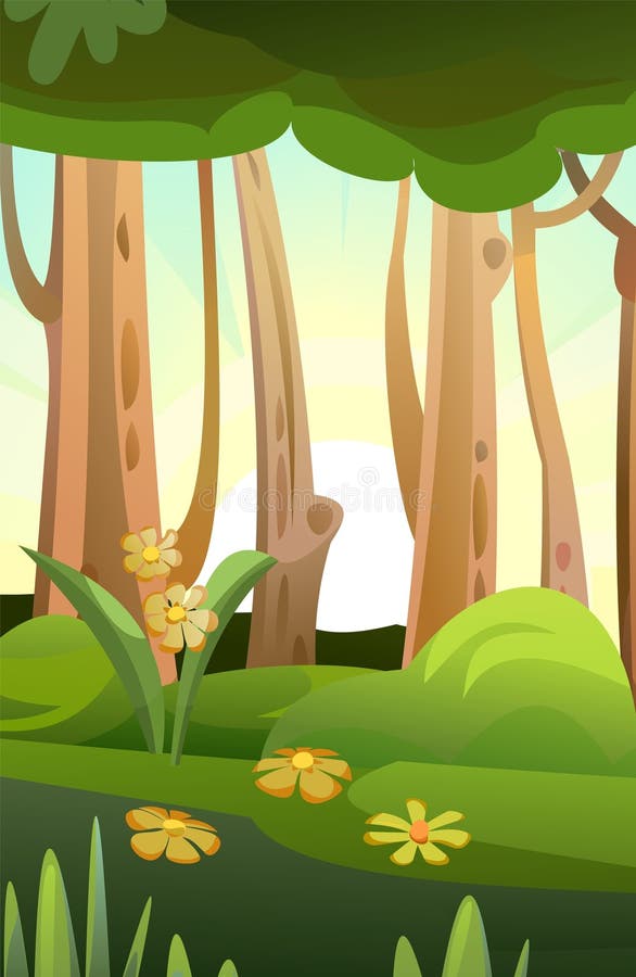 Flowers in Summer Forest. View of Trees. Scenery Landscape. Fun Cartoon ...