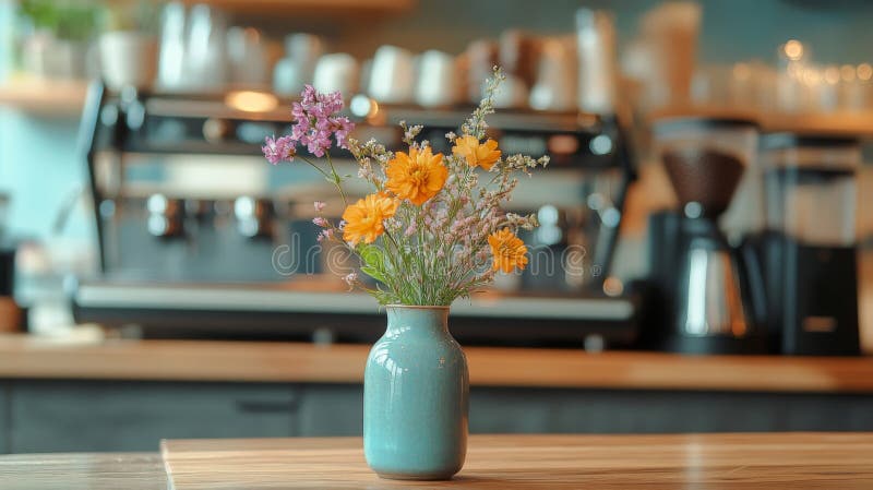 Flowers in Teal Vase Coffee Shop Setting Stock Illustration ...