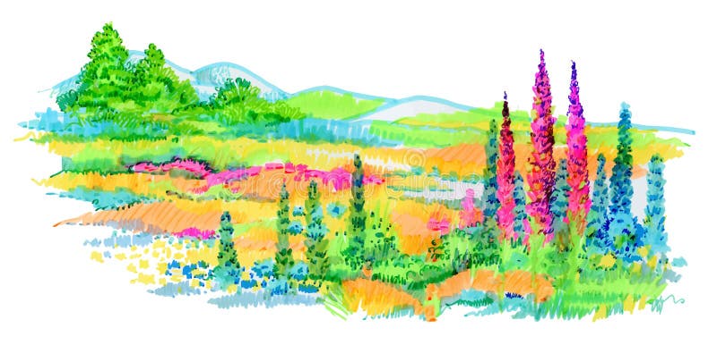 Flowers and Trees on Meadow. Stock Vector - Illustration of drawing ...