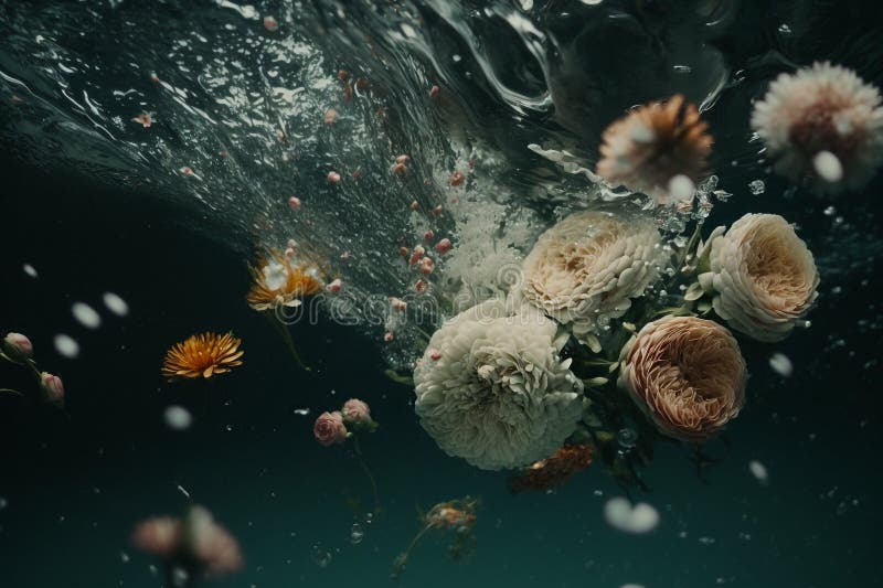 Flowers Under Water, Flower Splashes in Dark Illustration Generative AI ...