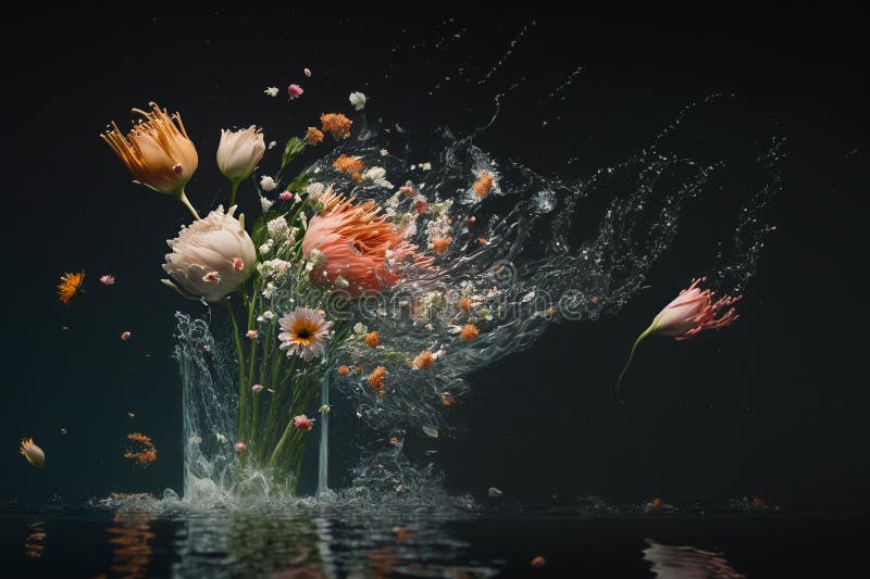Flowers Under Water, Flower Splashes in Dark Illustration Generative AI ...