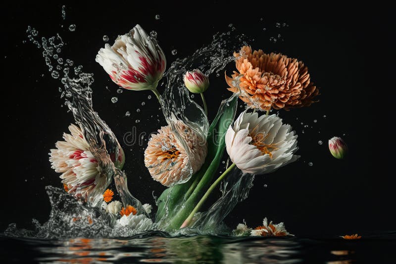 Flowers Under Water, Flower Splashes in Dark Illustration Generative AI Stock Illustration ...