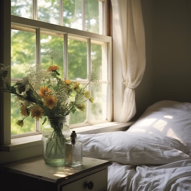Flowers in Vase in Bedroom Near by Window. Simple Rustic Style Stock ...