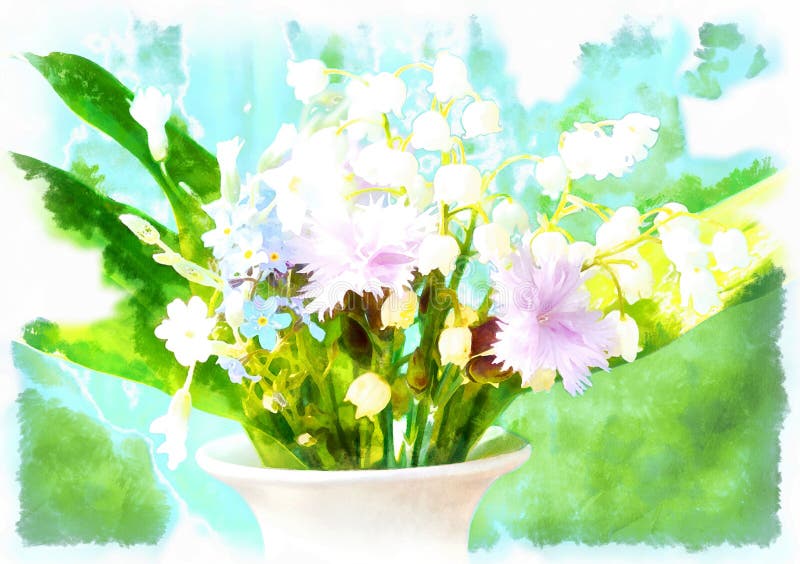 Flowers in a Vase, Computer Aqarell Collage. Stock Illustration ...