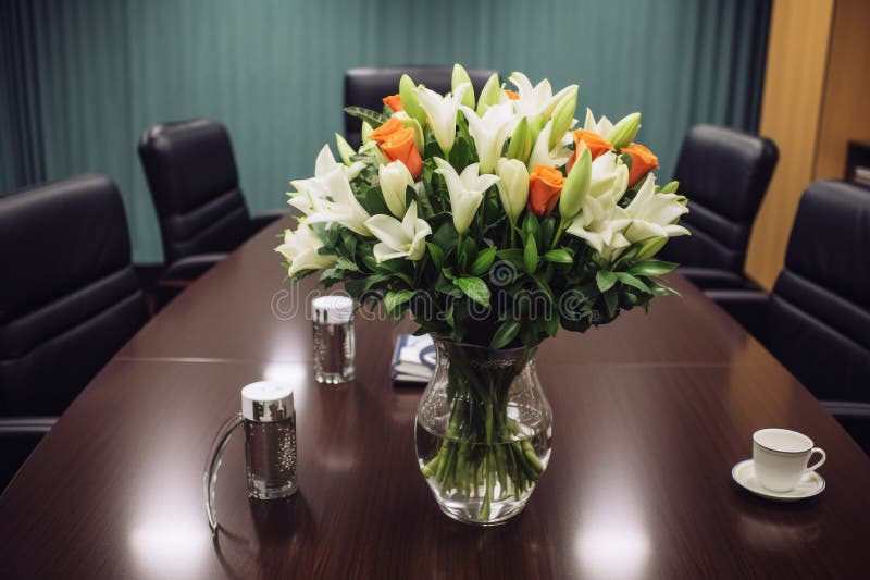Flowers in a Vase on a Table in a Meeting Room - Ai Generated Stock ...