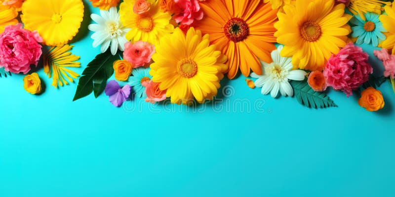 Flowers with Vibrant Colors Over Turquoise Background with Copy Space ...
