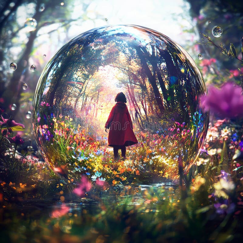 Flowers, Water Drops, Trees and Grass in a Magical Glass Ball with ...