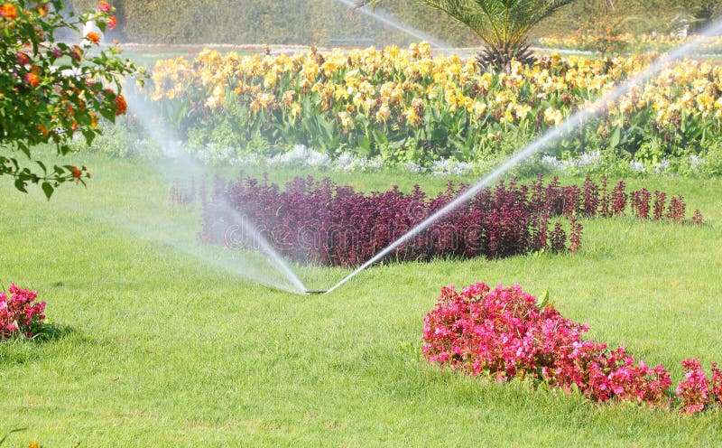 Flowery Garden with Automatic Irrigation System in Operation during the ...