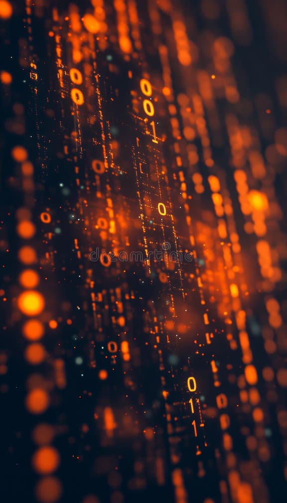 Flowing Binary Code Abstract Technology Background with Glowing 0s and 1s in Orange and Black ...