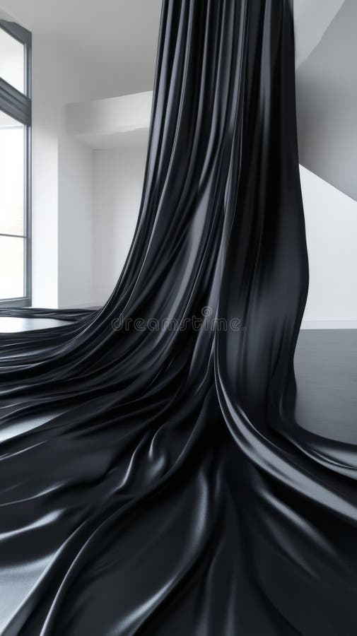 Flowing Black Satin Fabric in Modern Interior, Minimalistic Design ...