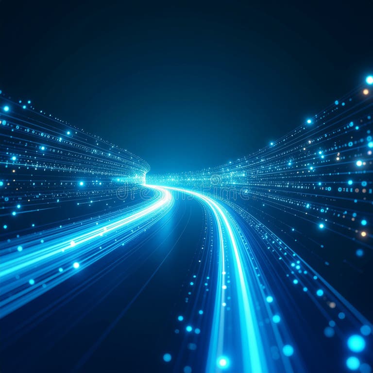 Flowing Data Stream Made of Glowing Binary Code and Digital Lines Perspective Angle for ...