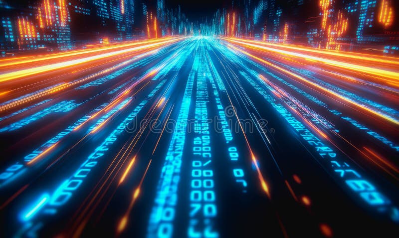 Flowing Glowing Binary Code in a Futuristic Digital Data Stream Environment Stock Image - Image ...